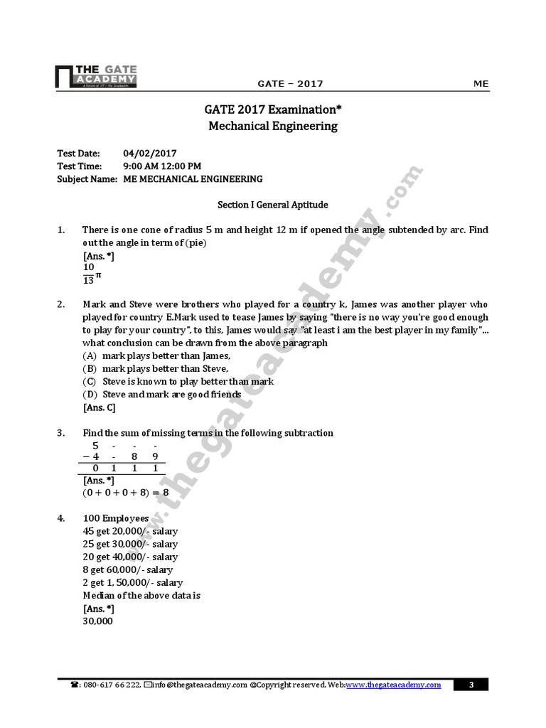 GATE 2017 Question Paper Answer Key Gate Academy | PDF | Gear | Pump