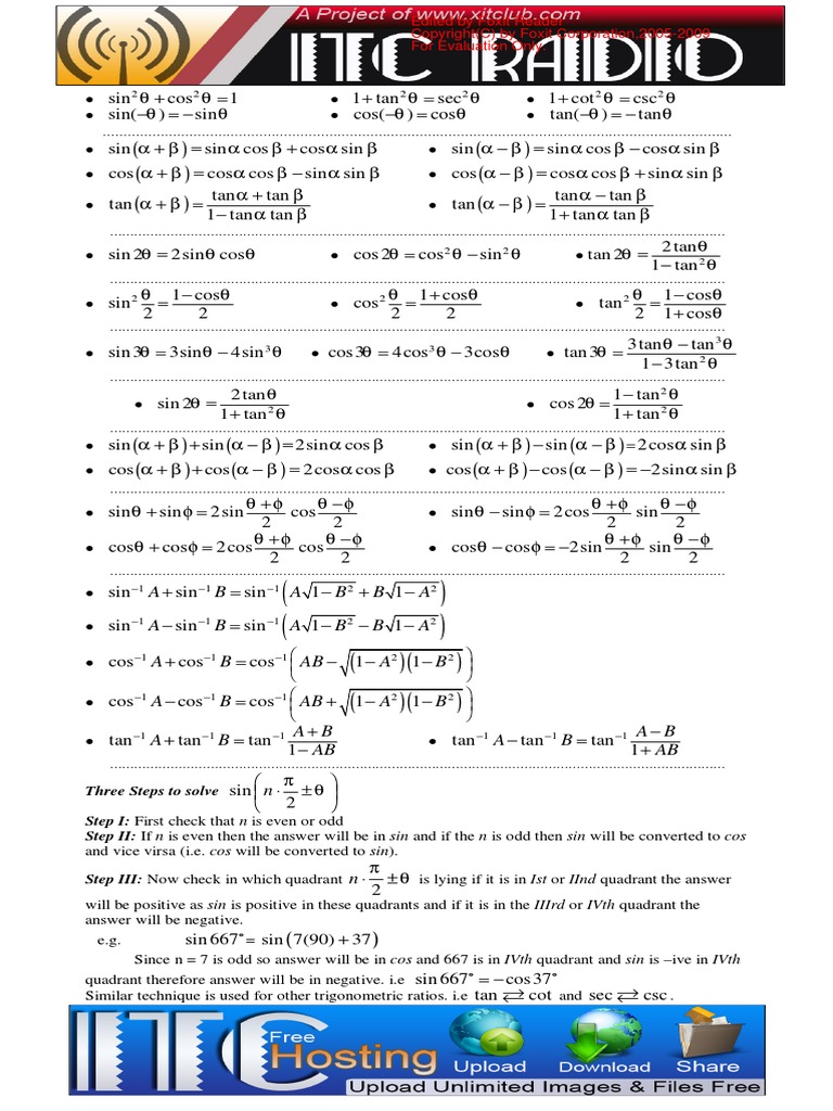 FSC Trigonometric Formulas | PDF | Sine | Lie Groups