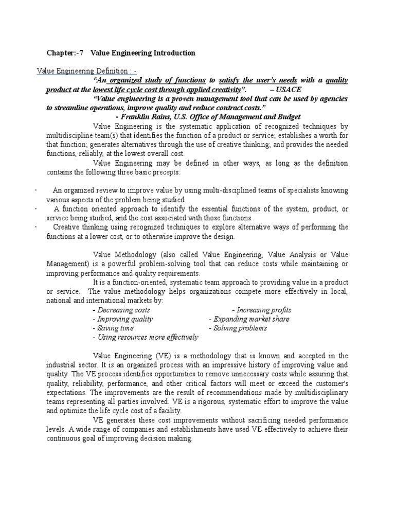 Chapter:-7 Value Engineering Introduction | PDF | Function (Mathematics ...