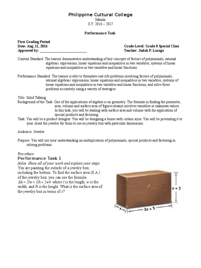 Performance Task G8 | PDF | Variable (Mathematics) | Equations