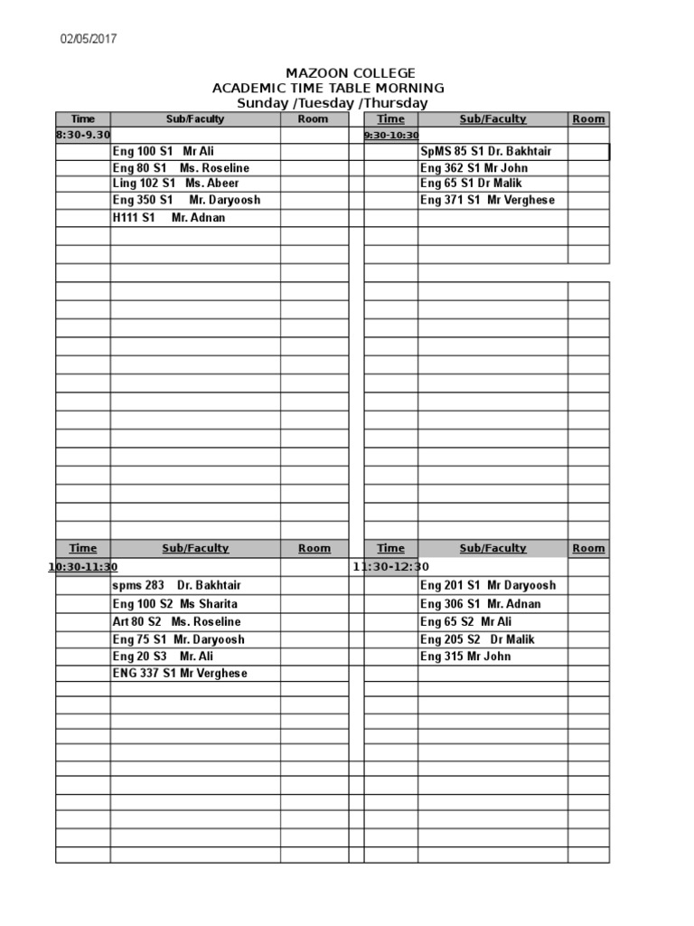 Tentative Academic Time Table 2017 Final | PDF