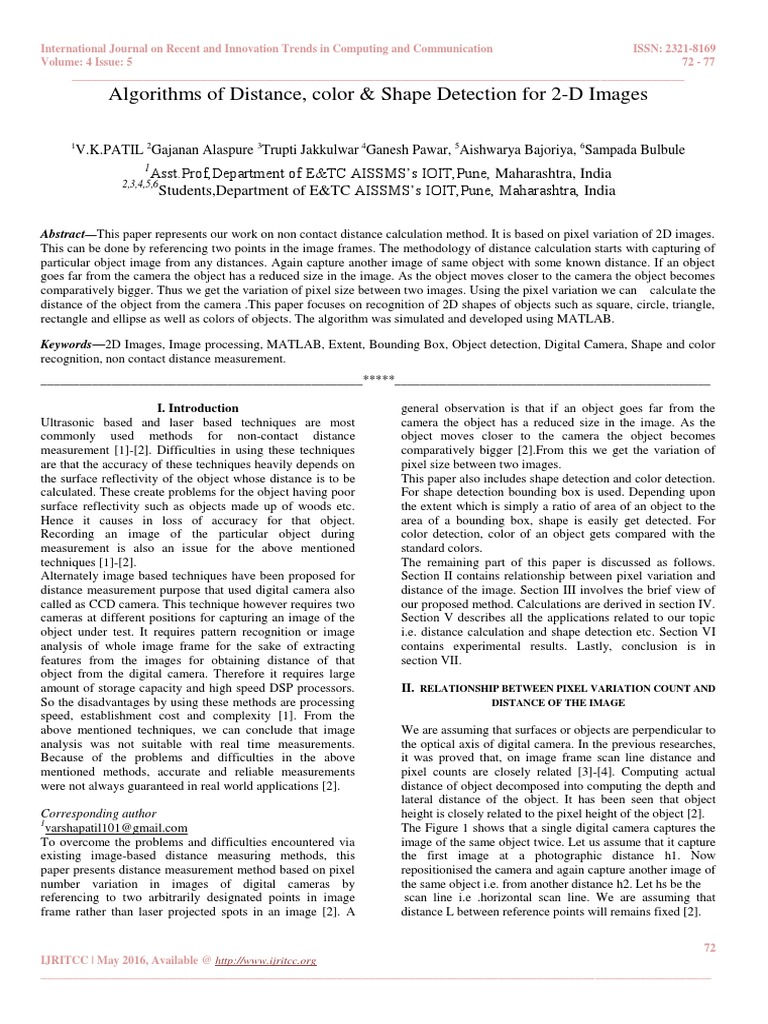 Algorithms Of Distance Color And Shape Detection For 2 D Images Pdf Pixel 2 D Computer Graphics