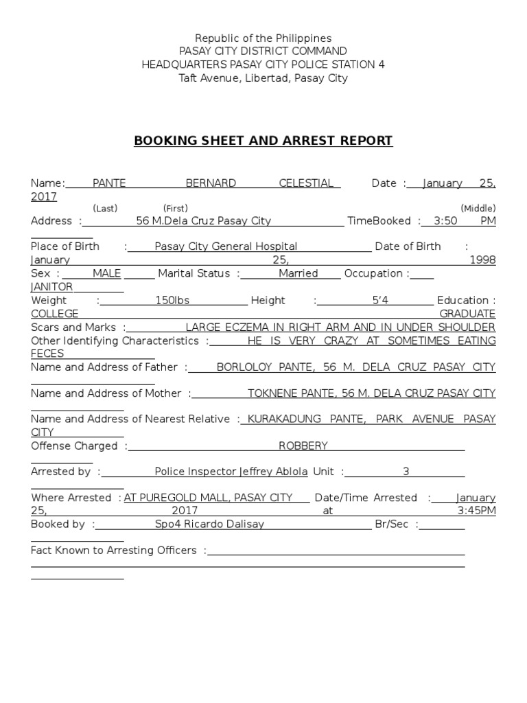 Booking Sheet and Arrest Report: (Last) (First) (Middle) | PDF