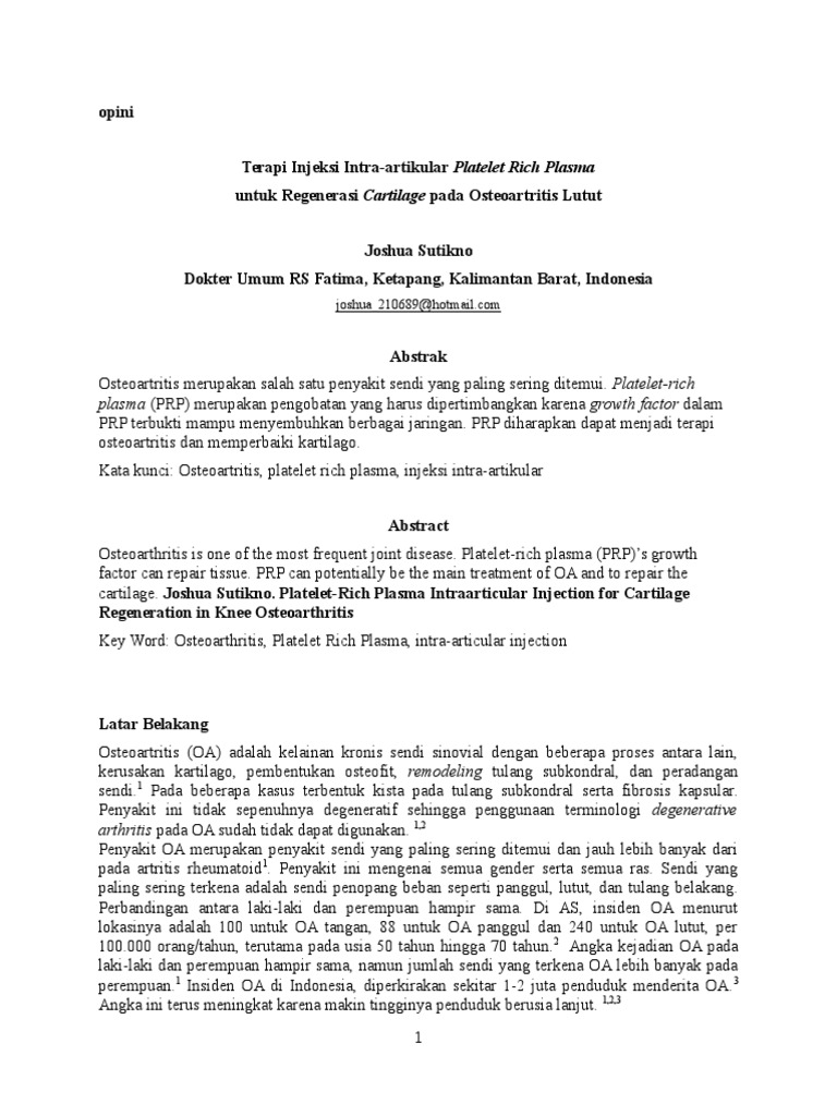 Terapi Injeksi Intra-Artikular Platelet Rich Plasma Untuk Regenerasi ...