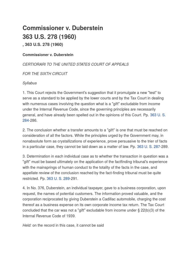 Commissioner V Duberstein | PDF | United States Tax Court | Judgment (Law)