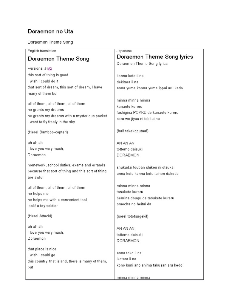 Summary and Analysis of the Doraemon Theme Song Lyrics | PDF | Manga ...