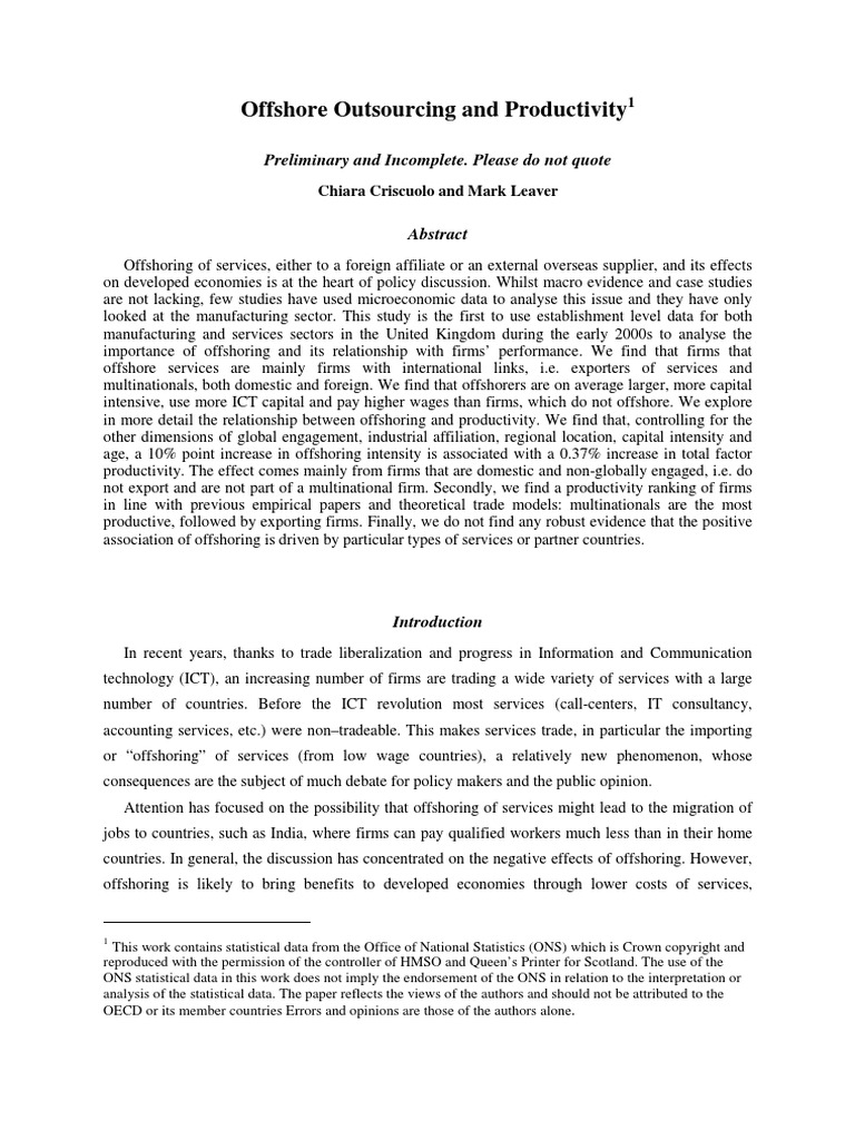 Offshore Outsourcing and Productivity: Preliminary and Incomplete. Please Do Not Quote | PDF ...