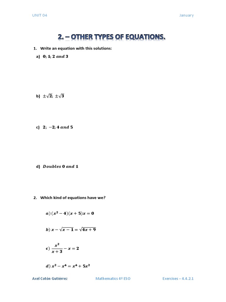 4 ESO Academics - Unit 04 - Exercises 4.4.2 - Other Types of Equations. | PDF | Equations | Analysis