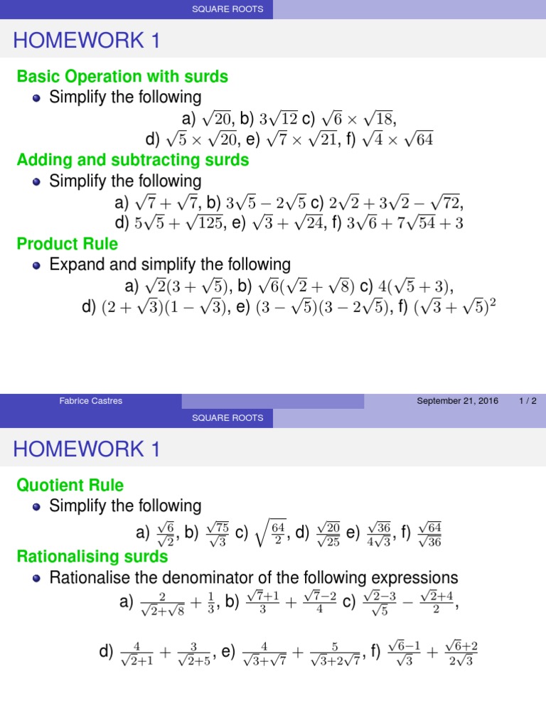 Square Roots Homework: Surds Simplification | PDF