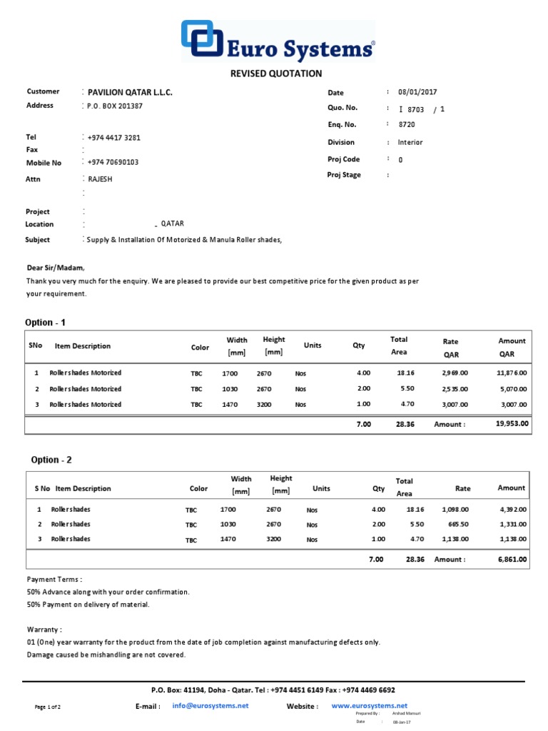Motorized Roller Shades Quote | PDF | Manufacturing And Engineering ...