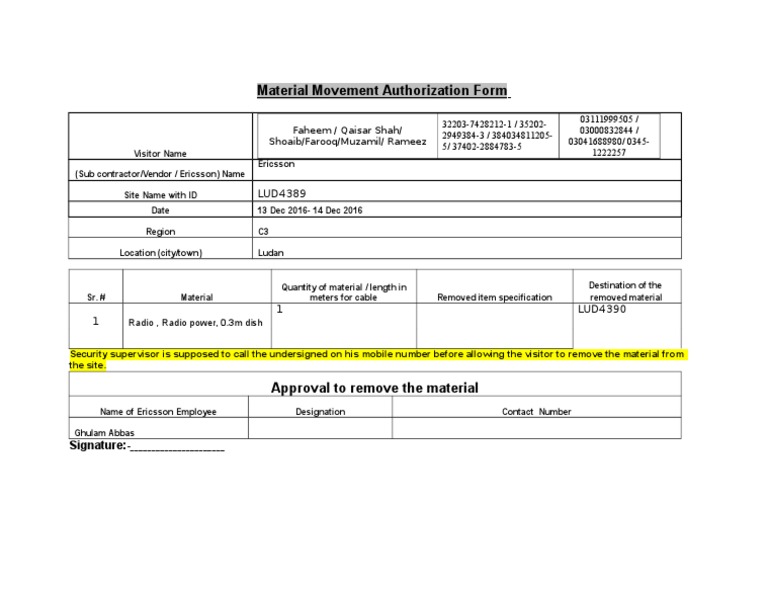 Material Movement Authorization Form | PDF