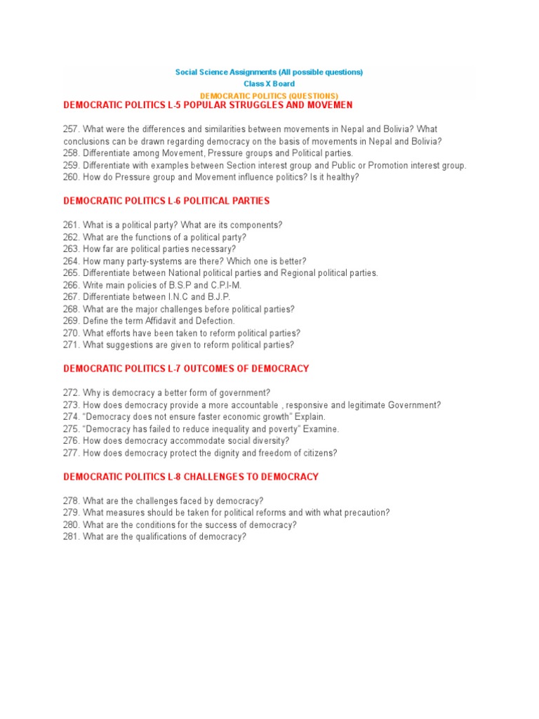 Class X Social Science: Democratic Politics Questions | PDF