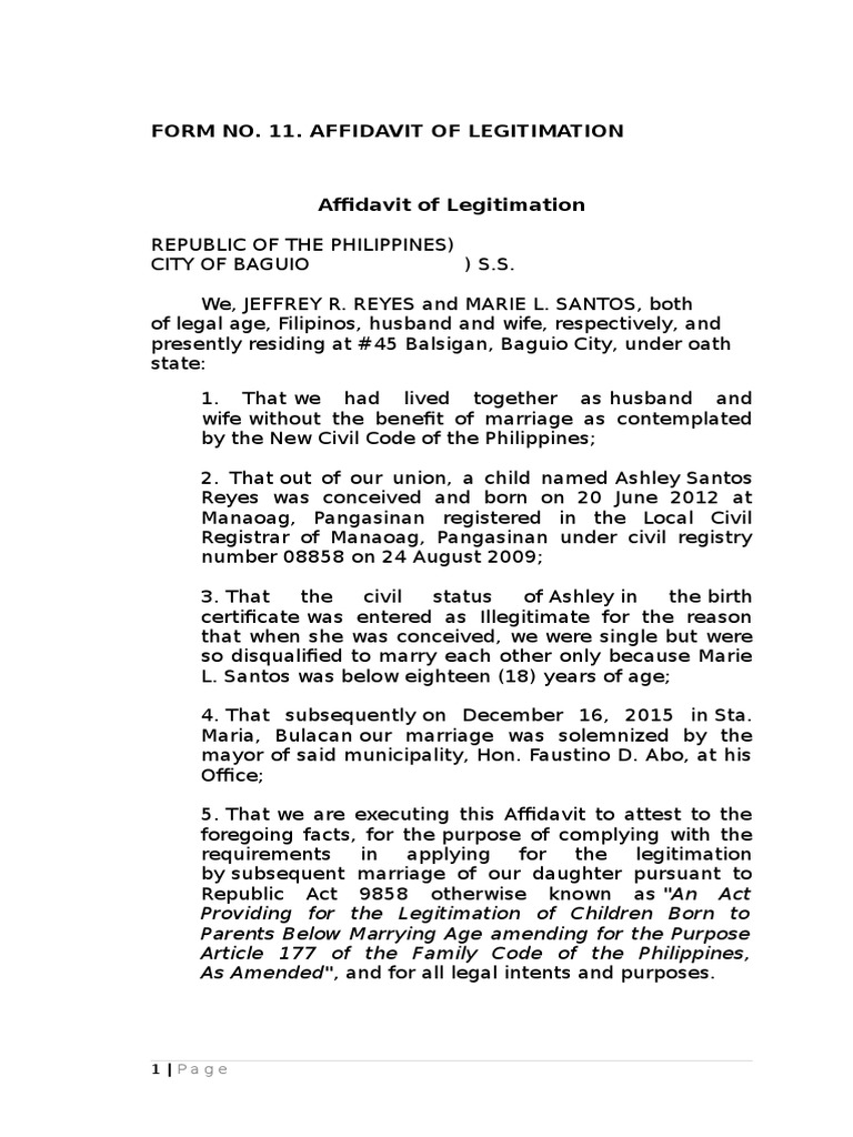 Form No. 11. Affidavit of Legitimation | PDF | Affidavit | Government ...