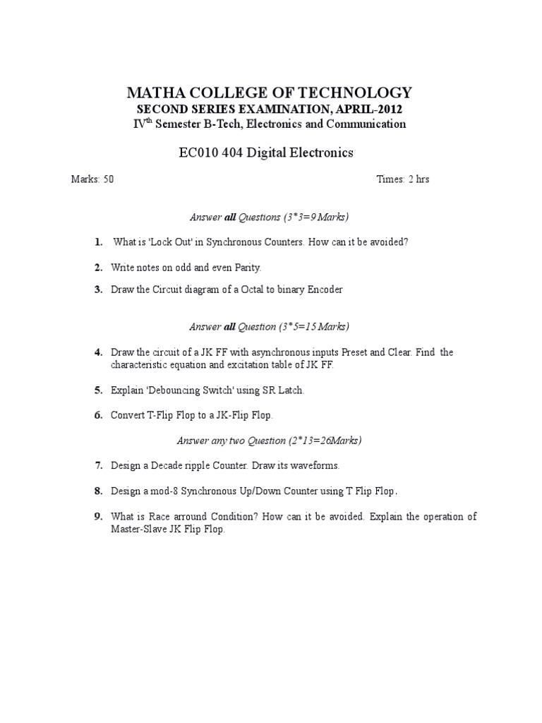 B-Tech Digital Electronics Exam Questions | PDF