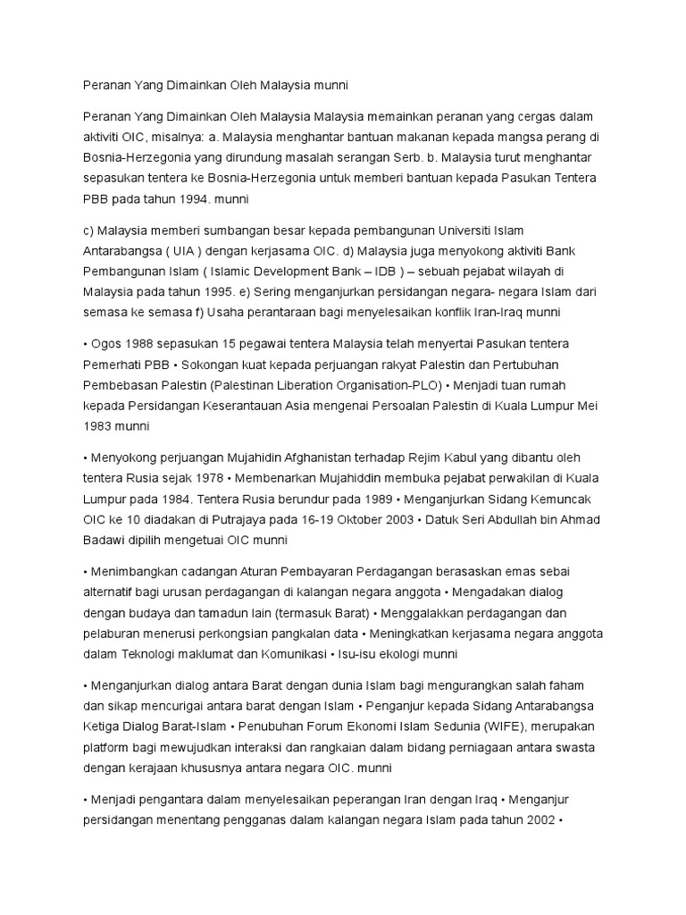 Peranan Yang Dimainkan Oleh Malaysia Munni | PDF