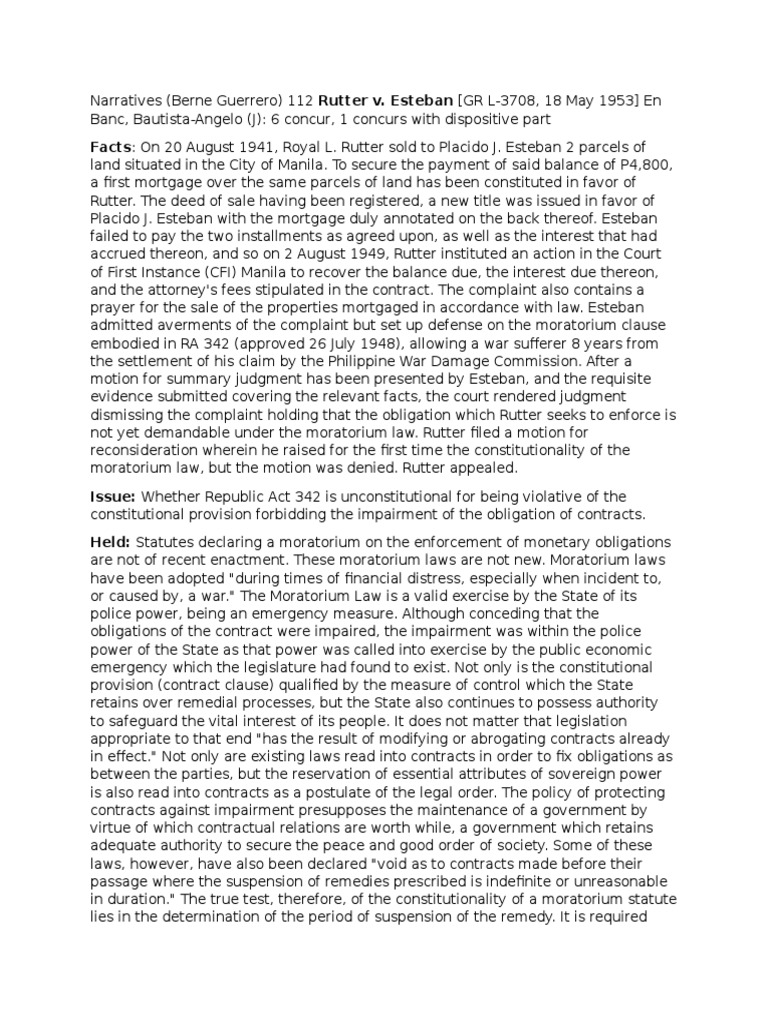 Rutter Vs Esteban Digest | PDF | Contract Clause | Constitutional Law