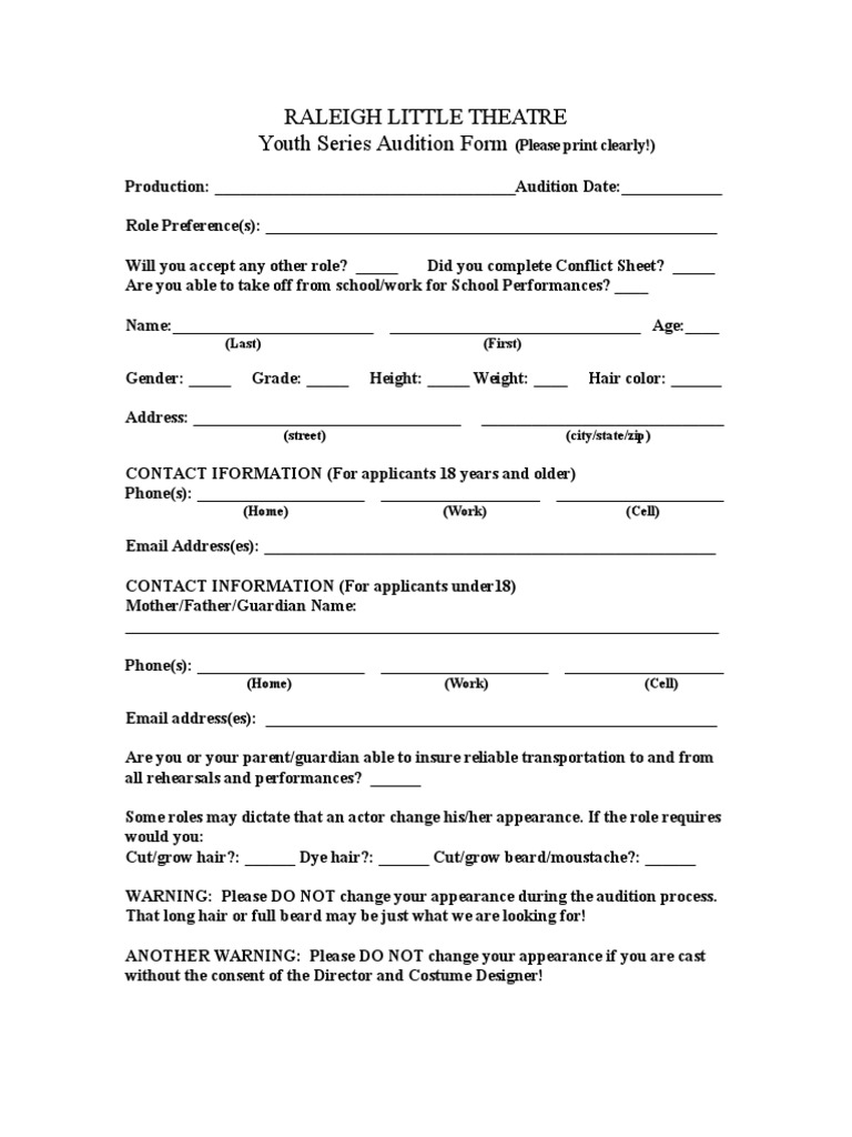 Preparing for an Audition: A Youth Theatre Audition Form | PDF