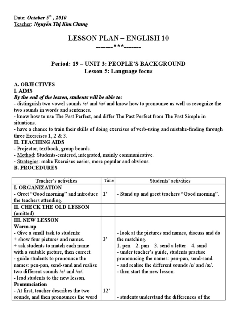 Pronunciation and Past Perfect Lesson | PDF | Lesson Plan | Language ...