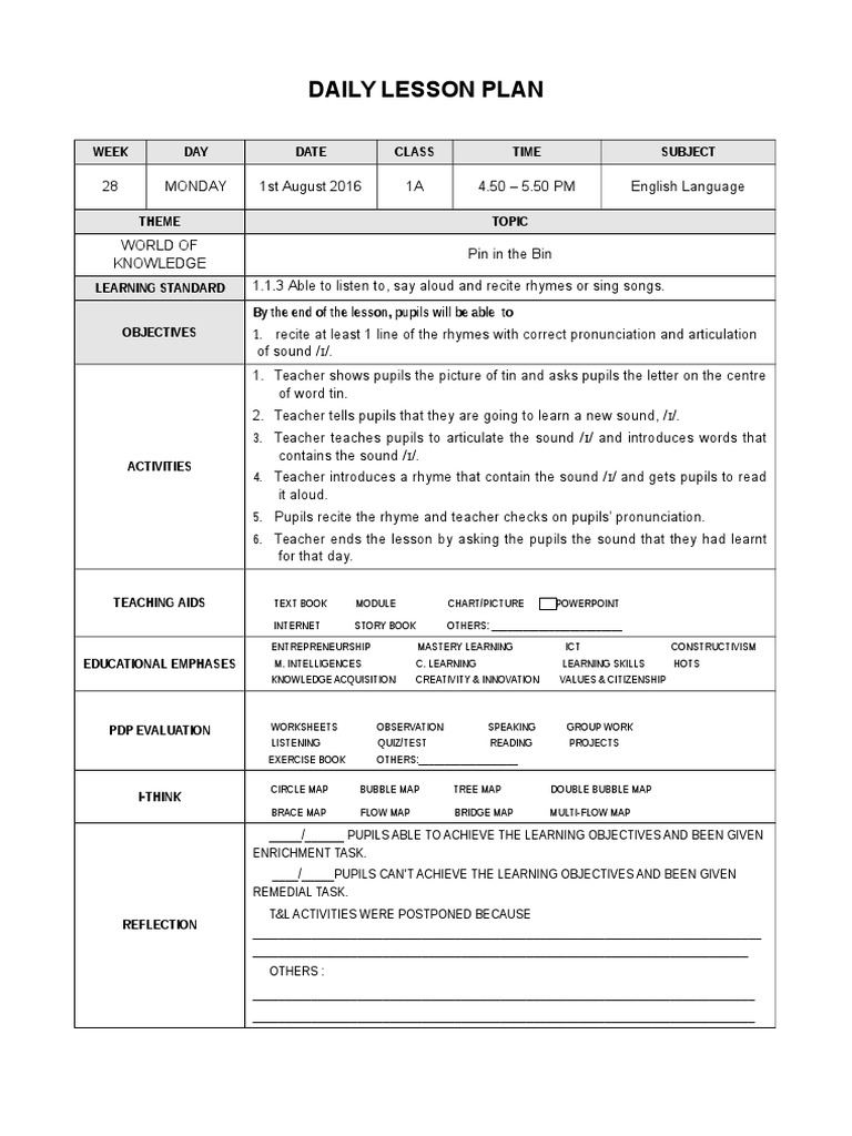 Daily Lesson Plan: Week DAY Date Class Time Subject | PDF | Lesson Plan ...