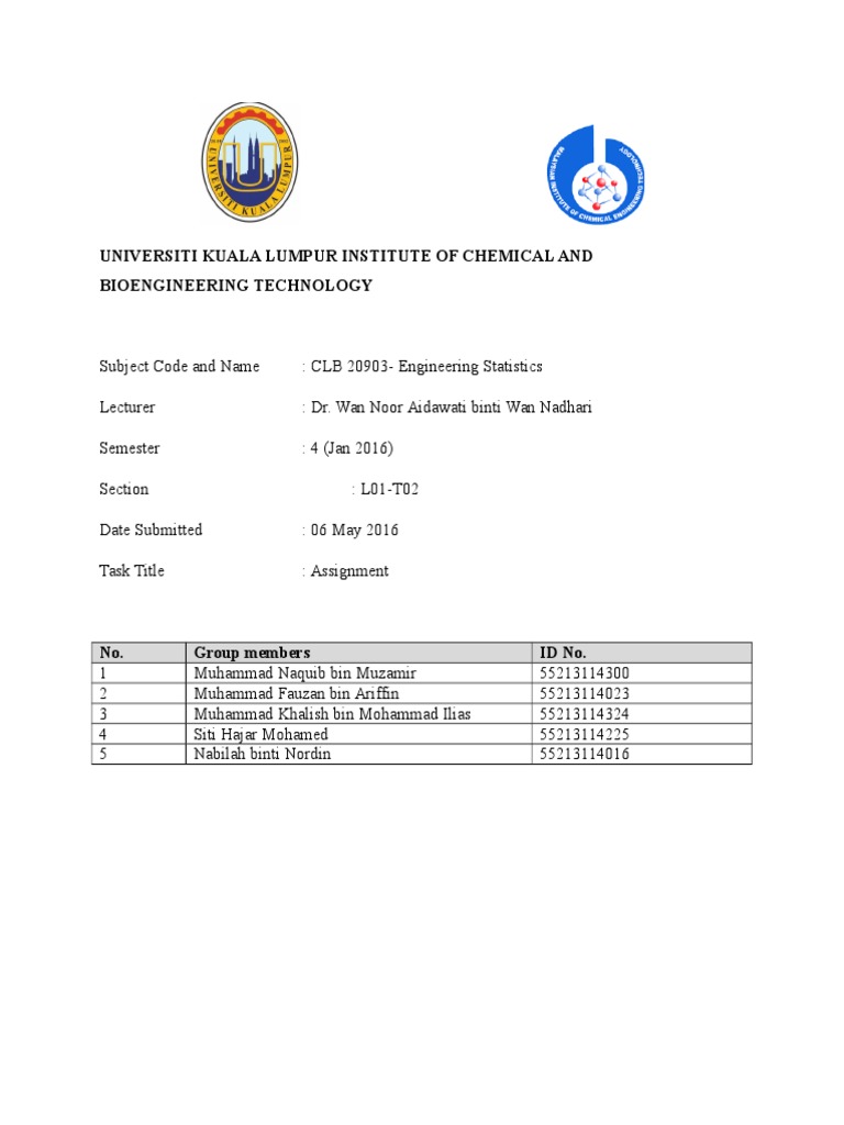 CLB 20903 Engineering Statistics UniKL MICET Assignment (Question 5 ...