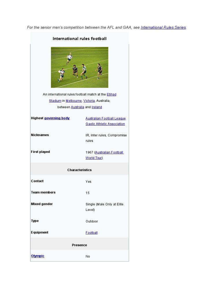 International Rules Football: For The Senior Men's Competition Between ...