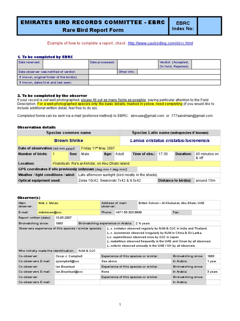 Rare Bird Report Form: Emirates Bird Records Committee - Ebrc | PDF ...