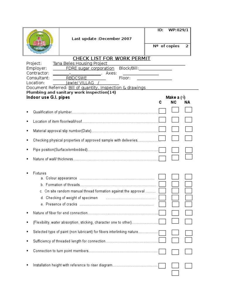 Check List For Work Permit: ID: WP:029/1 | Download Free PDF | Plumbing ...