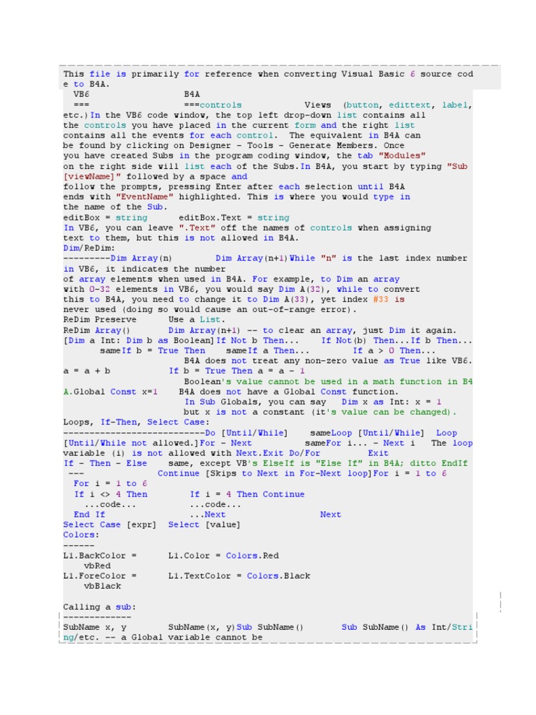 VB6 Vs B4A Cheatsheet | PDF | Computer Programming | Formalism (Deductive)