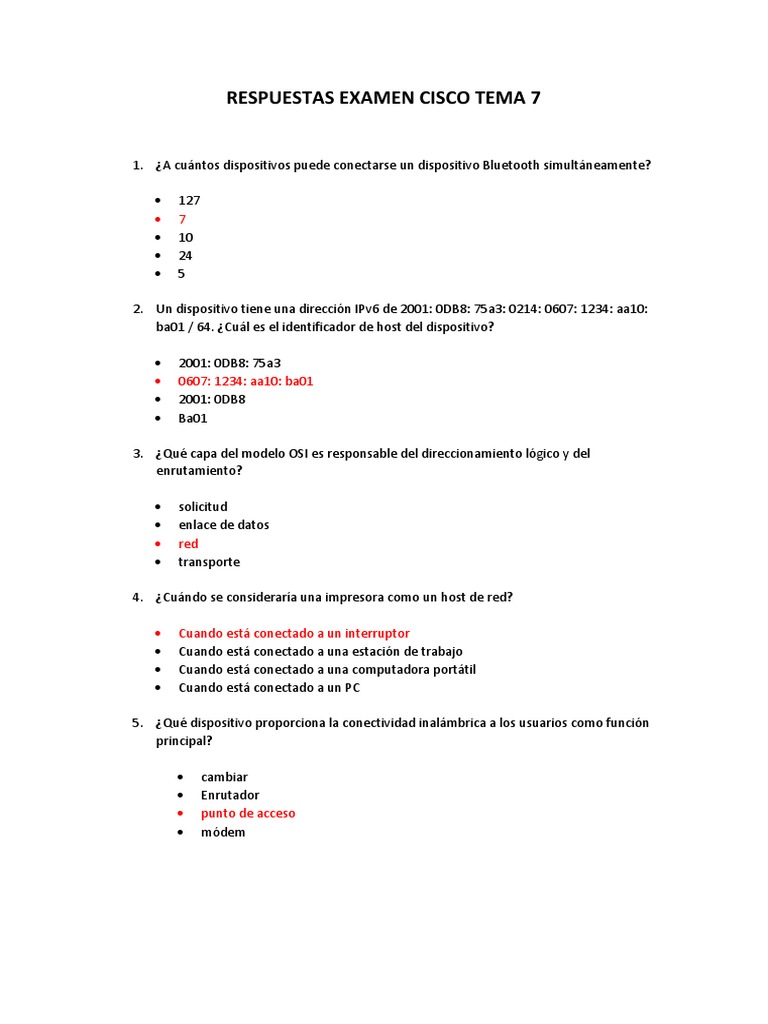 Respuestas Examen Cisco Tema 7 | PDF | Ieee 802.11 | Red de computadoras