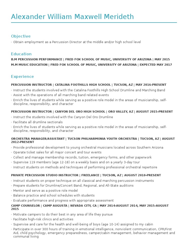 Percussion Director Resume Overview | PDF