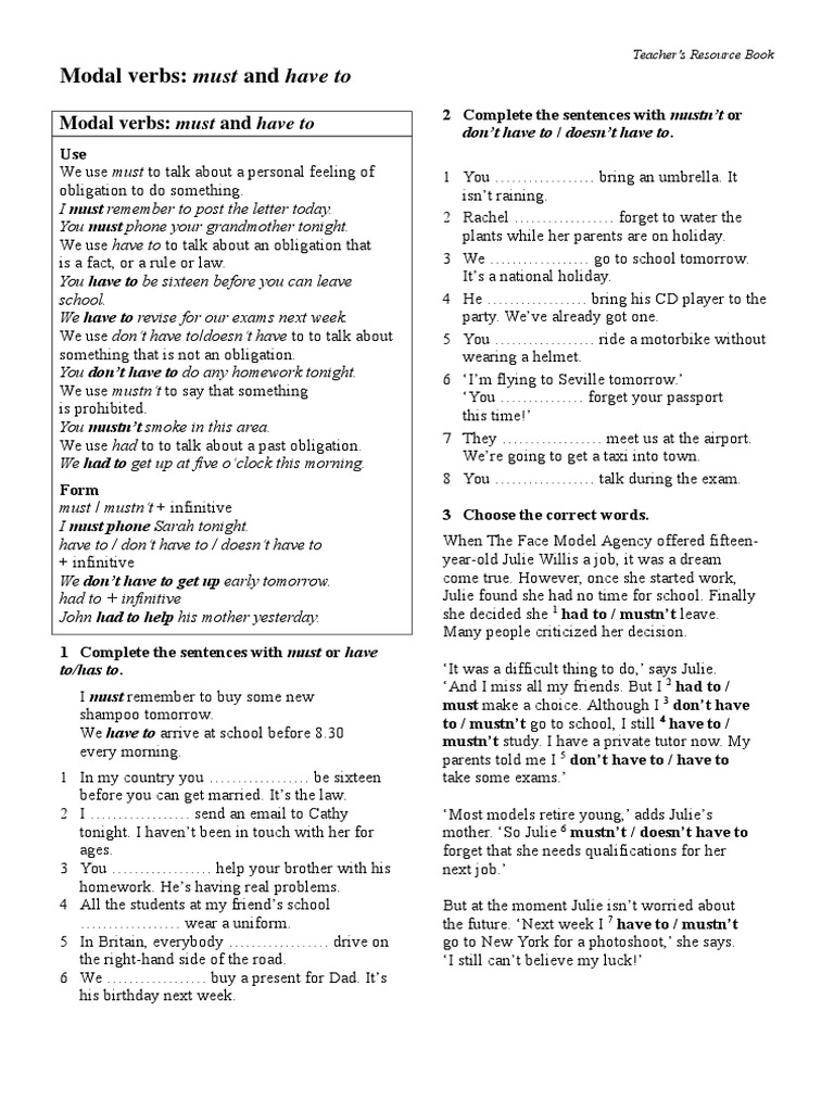 Modal Verbs Must and Have To | PDF