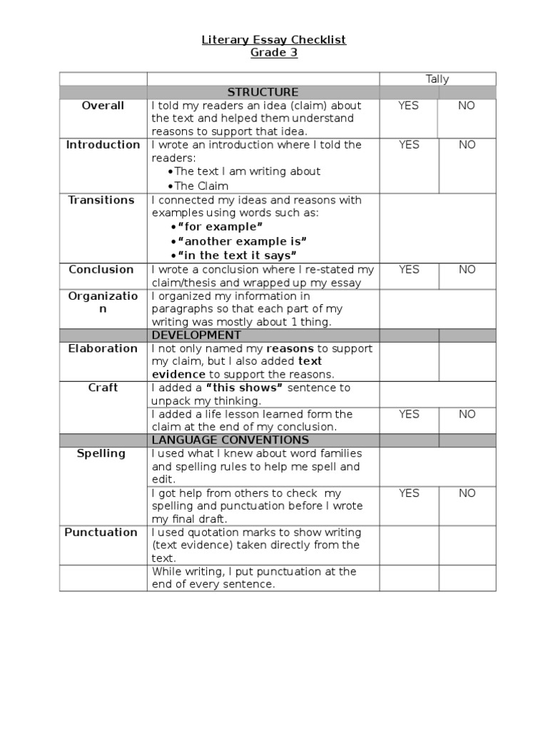 Grade 3 Literary Essay Checklist | PDF