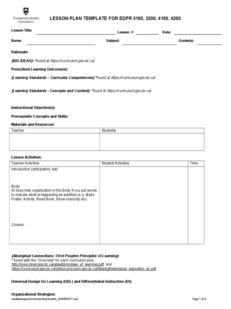 LESSON PLAN TEMPLATE FOR EDPR 3100, 3200, 4100, 4200: (BIG IDEAS ...