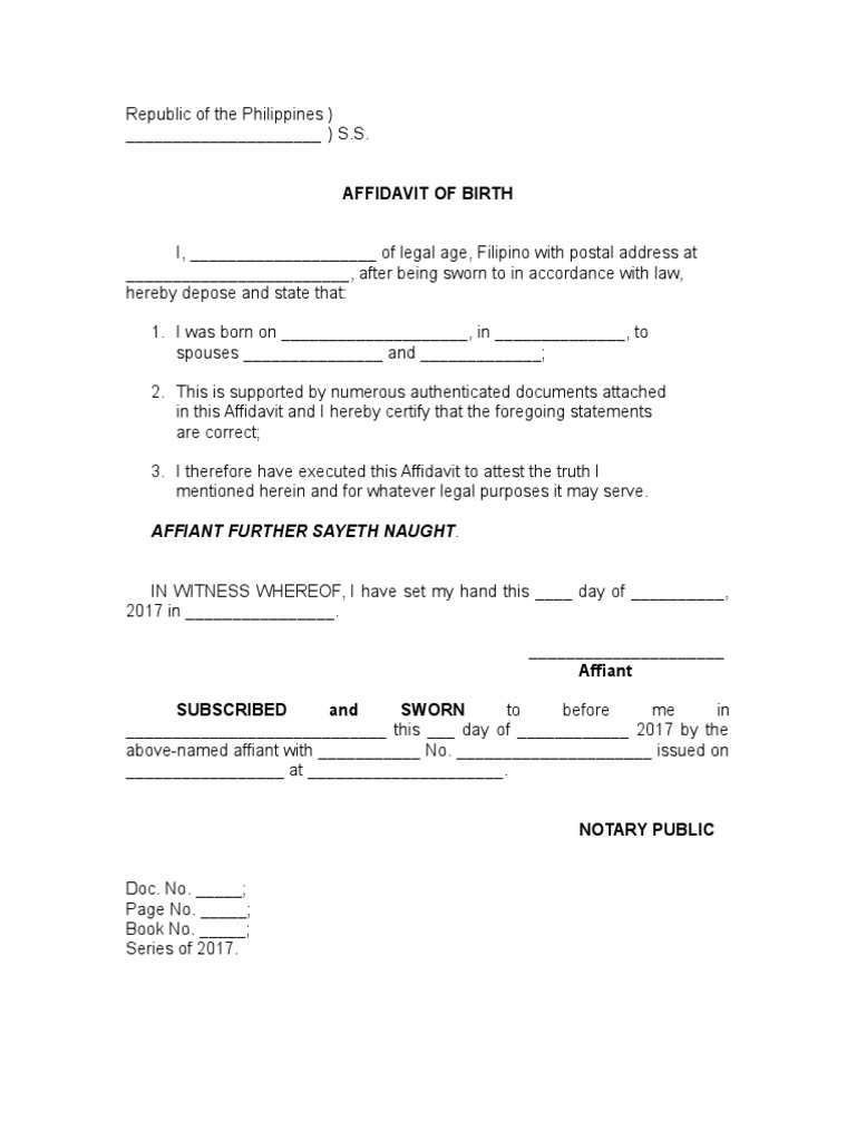Affidavit of Birth: Affiant Further Sayeth Naught | PDF | Affidavit ...