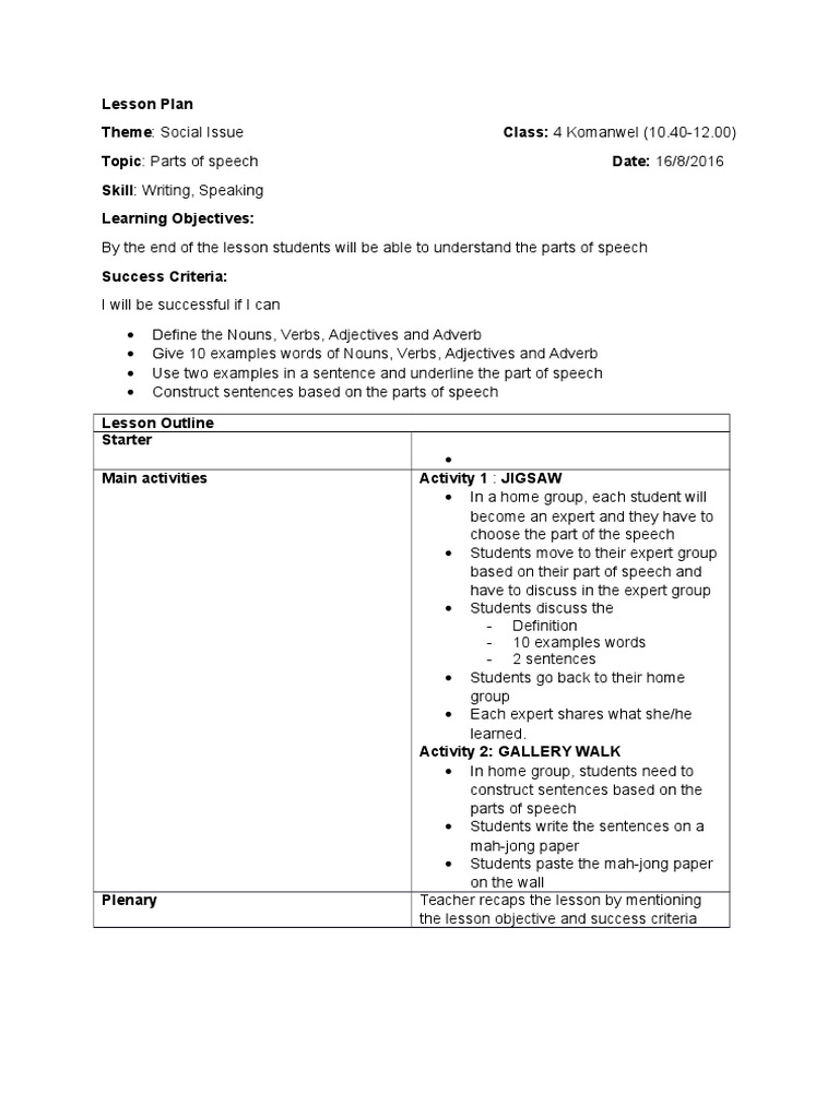 Lesson Plan Parts of Speech | PDF | Part Of Speech | Adverb