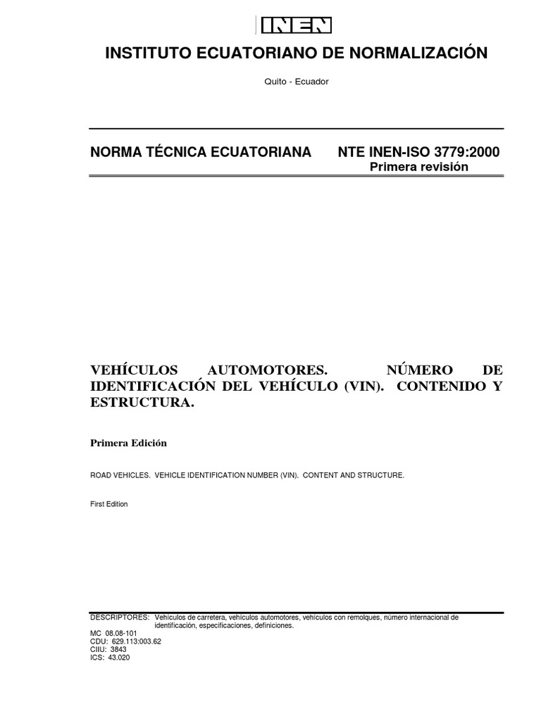 Nte Inen-Iso 3779-2000 | PDF | Vehículos | Automóviles
