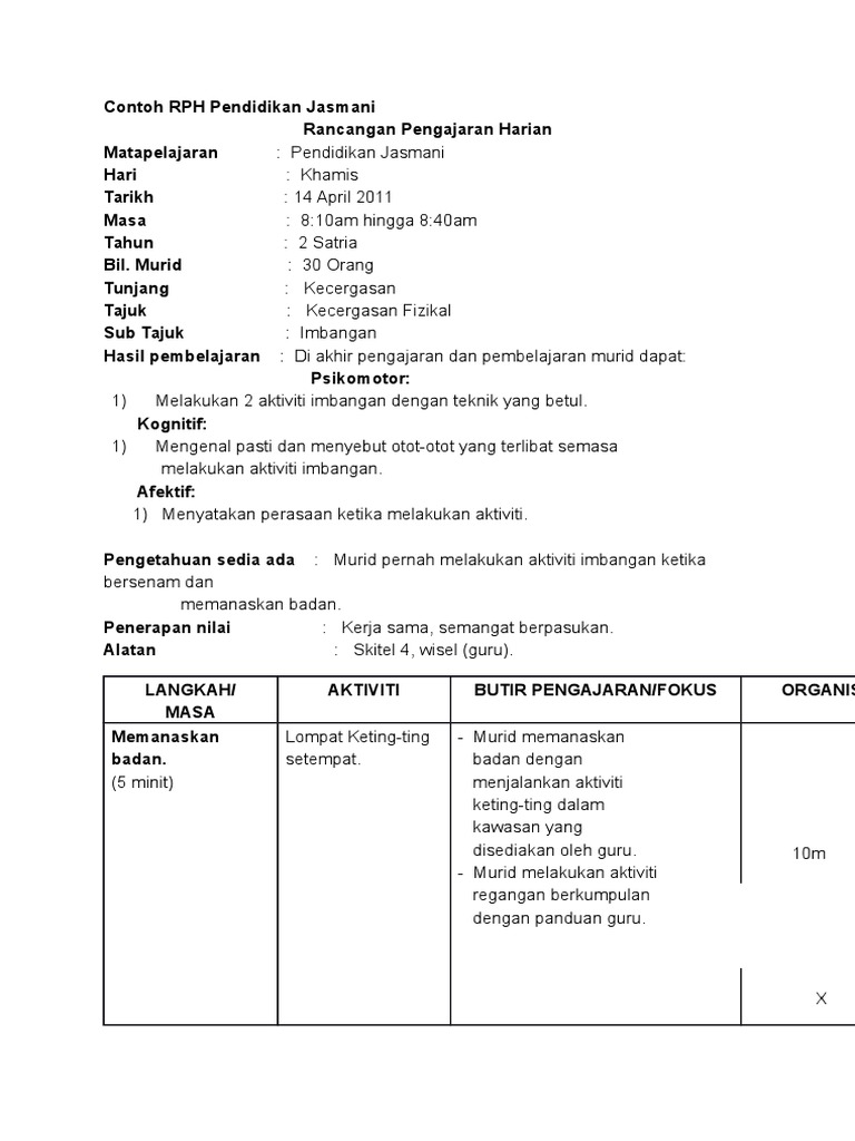 Contoh RPH Pendidikan Jasmani | PDF