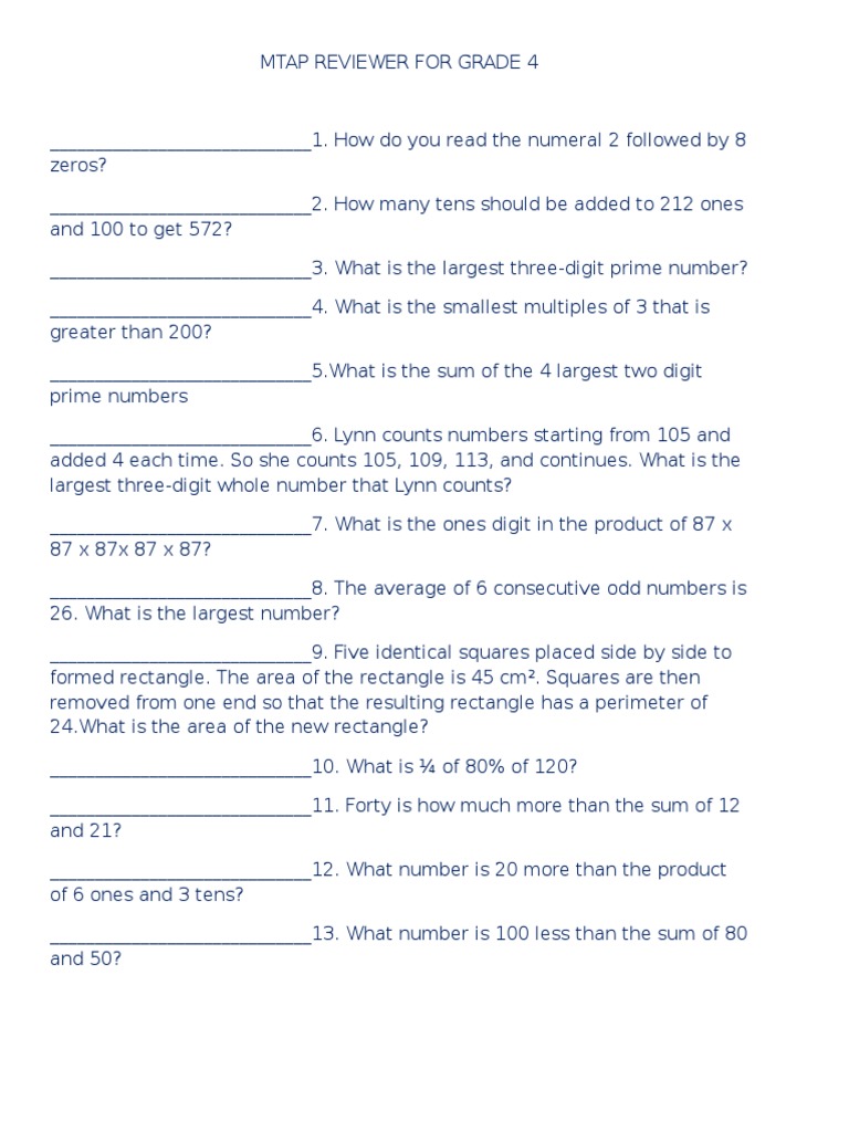 Mtap Reviewer For Grade 4 | PDF | Mathematical Objects | Elementary ...