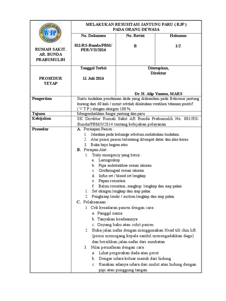 Prosedur RJP Dewasa di RS AR Bunda | PDF