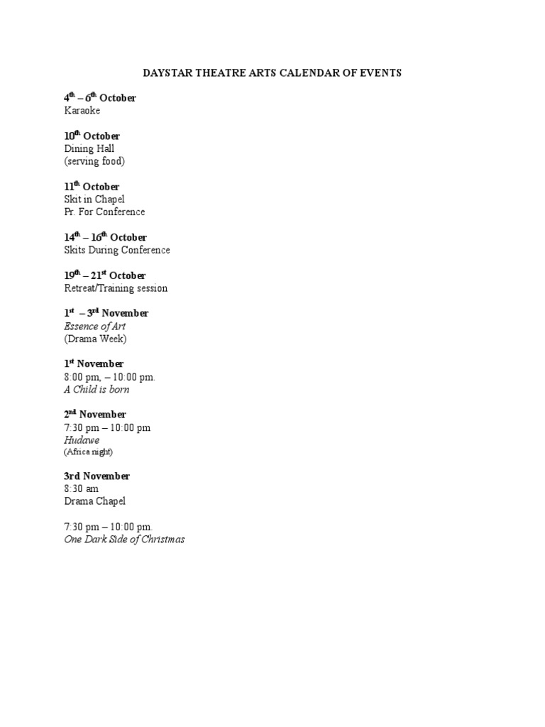 Daystar Theatre Arts Event Calendar | PDF