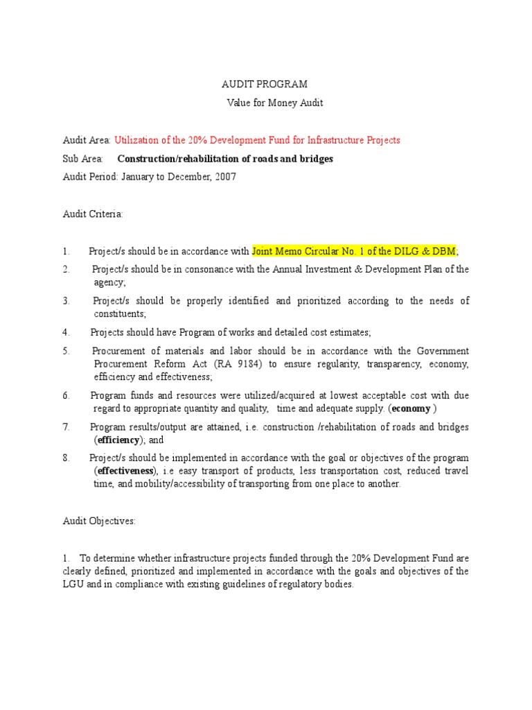 Audit Program 20 Infra Const Roads Bridges | PDF | Audit | Procurement