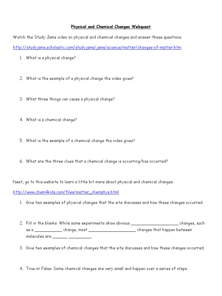 Physical and Chemical Changes Webquest Rev | PDF