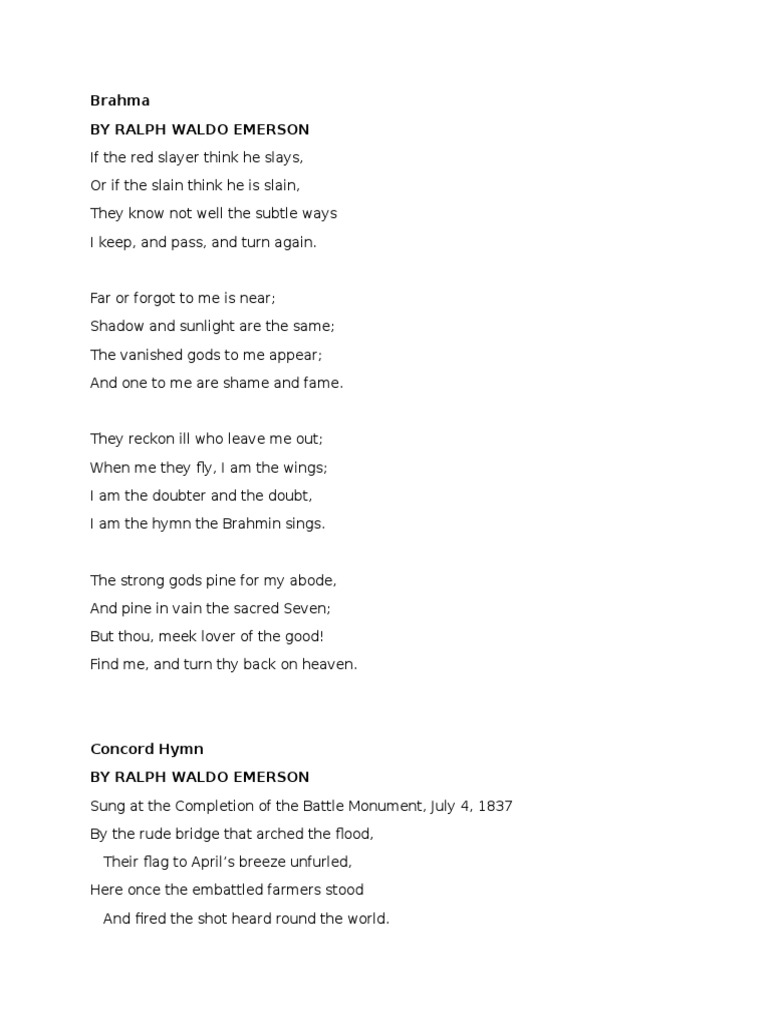 Ralph Waldo Emerson Brahma and Concord Hymn | PDF | Poetry
