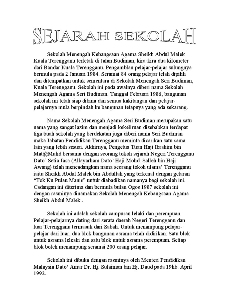 Sejarah Sekolah Sheikh Abdul Malek (Sej, Geo) | PDF