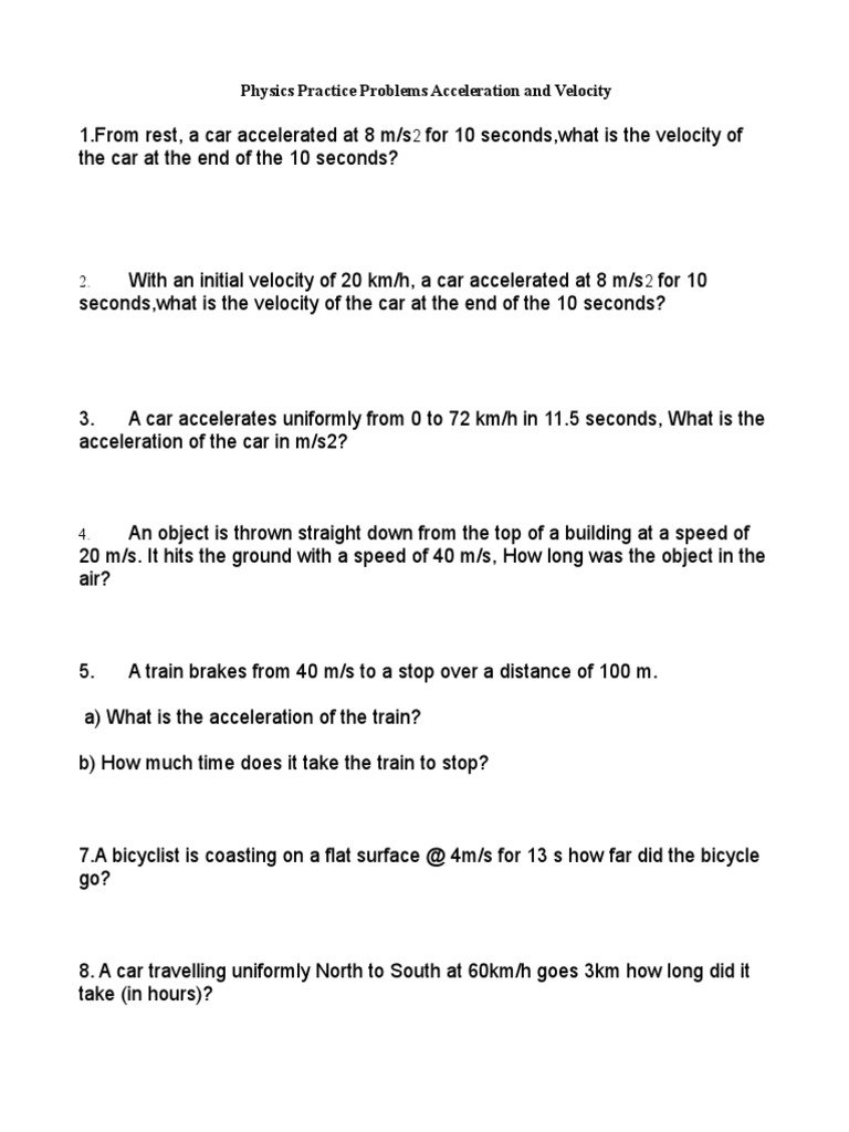 Physics Practice Problems Acceleration and Velocity | PDF