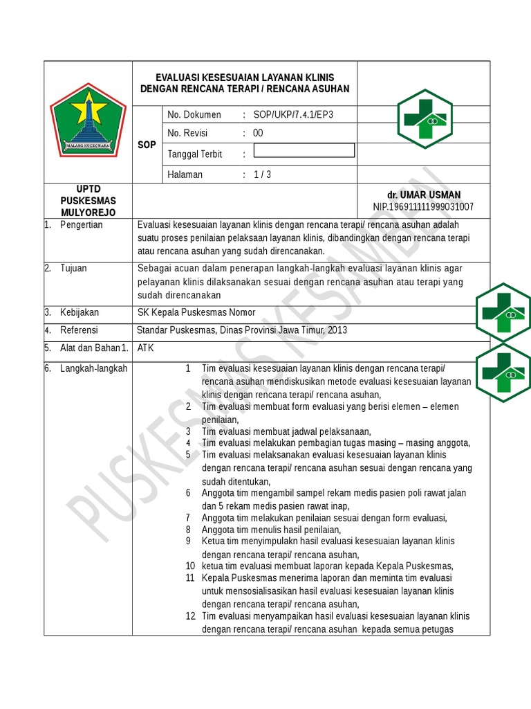 7.4.1 SOP Evaluasi Kesesuaian Layanan Klinis Dengan Rencana Terapi (Audit Klinis) | PDF
