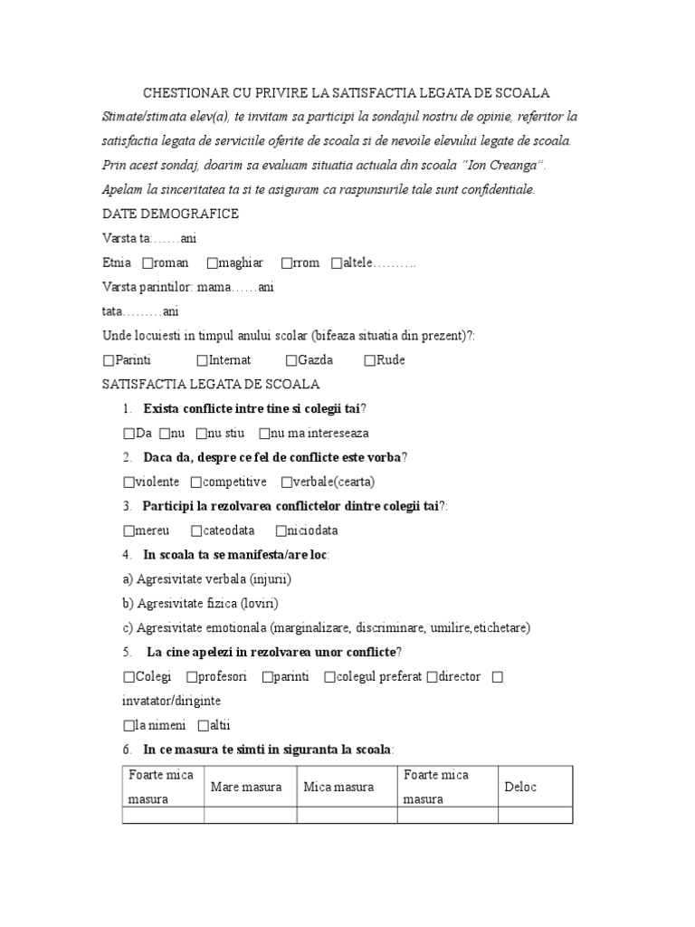 Chestionar Nivel de Satisfactie Elevi | PDF