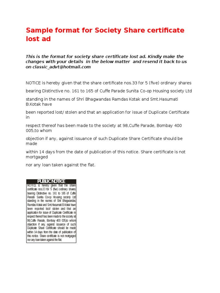 Format for Society Share Certificate Lost Ad | Business
