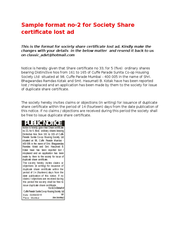 Lost Society Share Certificate Notice | PDF | Business | Finance ...