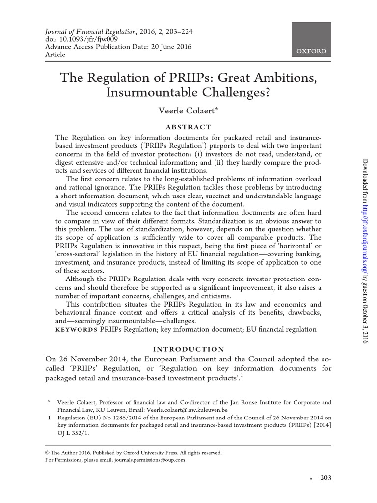 The Regulation of PRIIPs Great Ambitions, Insurmountable Challenges ...
